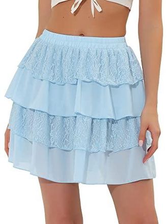 Allegra K Mini Jupe à Volants en Dentelle Taille Haute pour Femme Bleu M