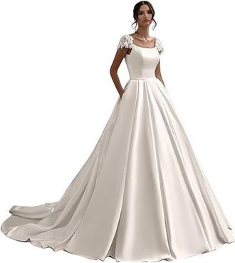 Generic Robes de mari&eacute;e en satin sur l&eacute;paule corset robes de demoiselle dhonneur appliques dentelle manches longues robe de soir&eacute;e formelle, ivoire, S