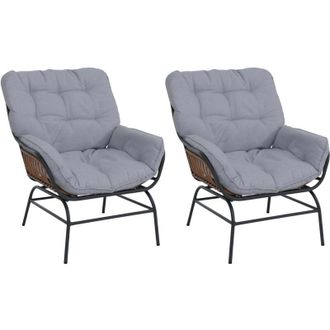Hhg 2er-Set Loungestuhl HHG-736, Loungesessel Relaxstuhl, Stoff 220g/m&sup2; Poly-Rattan Metall dunkelgrau, Polster hellgrau