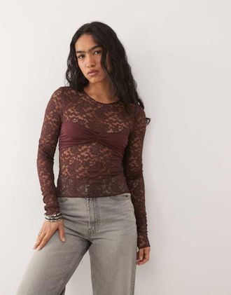 Lioness Midnight - Top manches longues en dentelle transparente - Shiraz-Rouge