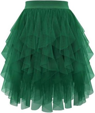 Generic Jupe midi pour femme, jupe trap&egrave;ze, jupe superpos&eacute;e en maille, taille haute &eacute;lastique, jupes dHalloween en cuir synth&eacute;tique, vert noir, L