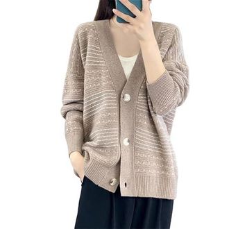 Generic Cardigan ouvert &agrave; manches longues pour femme 100 % laine &agrave; rayures et col en V, Velours brut camel, XS