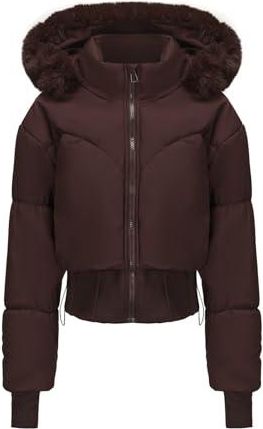 Generic Veste &agrave; capuche avec bordure en fausse fourrure pour femme - Chaud et matelass&eacute; - Manteau dhiver court l&eacute;ger, marron, XXL