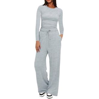 Generic Ensemble dint&eacute;rieur 2 pi&egrave;ces pour femme - Ensemble de d&eacute;tente avec cordon de serrage - Manches longues - Pantalon large avec poches - En coton doux - 