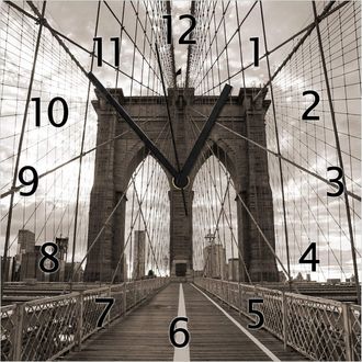 Wallario Design-Wanduhr Brooklyn Bridge in New York aus Glas, Motiv-Uhr Gr&ouml;&szlig;e 30 x 30 cm, Schwarze Zeiger