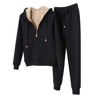 Generic Surv&ecirc;tement pour femme - Ensemble complet dhiver d&eacute;contract&eacute; &agrave; manches longues avec poches zipp&eacute;es - Sweat &agrave; capuche de couleur unie - Ensemble deux p