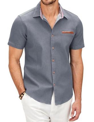 Coofandy Chemise Homme Manches Courtes Chemise en Jean d&Eacute;t&eacute; L&eacute;g&egrave;re D&eacute;contract&eacute;e en Coton Style Western Cowboy Business Casual Chemises Denim &Eacute;l&eacute;gante Slim Fit 