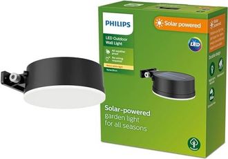 Philips Outdoor Solar Vynce Wandleuchte 1,5W, Tageslichtsensor, rund, 2700 Kelvin, IP44 wetterfest, schwarz