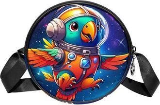 Generic Sac &agrave; bandouli&egrave;re rond pour femme, perroquet dans lespace, petit sac &agrave; bandouli&egrave;re avec fermeture &eacute;clair, bretelles r&eacute;glables, sac &agrave; main rond d&eacute;contr