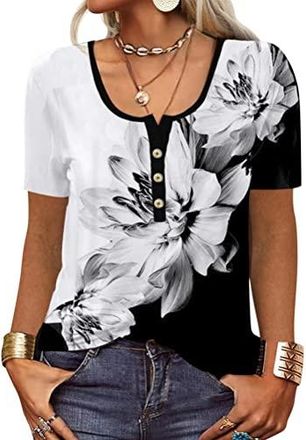 Onsoyours T-Shirt Col V Blouses à Manches Courtes pour Femmes Imprimé Tunique Tops Lâche Chemisier T-Shirts pour Femmes avec Boutons Basiques Haut Printemps été