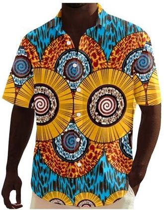 Generic Chemise &agrave; manches courtes pour homme style traditionnel africain Dashiki d&eacute;t&eacute; hawa&iuml;en vacances &agrave; fleurs Ankara, bleu, XXL