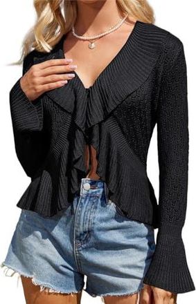 Grace Karin Cardigan en crochet noué sur le devant pour femme - Manches cloches - Châle léger - Cardigan tricoté - Cache-maillot de plage, Noir, M