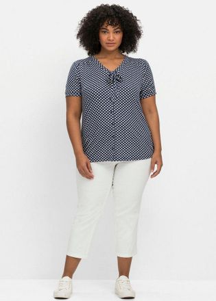 Sheego T-Shirt Blusenshirt Kurzarm mit P&uuml;nktchen und Bindeband am Ausschnitt