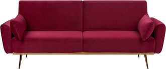 Beliani 3-Sitzer Schlafsofa Samt rot mit Kissen hohe Metallbeine kupfer Retro-Stil Eina