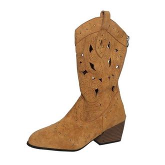 Generic Bottes de cowgirl western brod&eacute;es pour femme, mi-mollet, bout pointu, gros talons, chaussures d&eacute;contract&eacute;es vintage, jaune, 37.5 EU