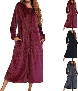 Generic Furry Peignoir long en polaire avec fermeture &eacute;clair pour femme - Robe de chambre avec capuche - Robe de nuit douce - Chemise de nuit &eacute;l&eacute;gante - Peign