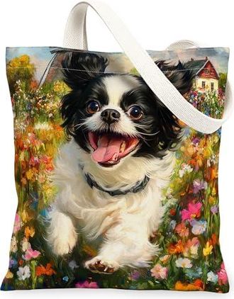 Generic Sac fourre-tout en toile motif chien japonais pour faire du shopping, 33 x 38,1 cm, sac d&eacute;picerie r&eacute;utilisable pour femme, motif floral amusant, plage