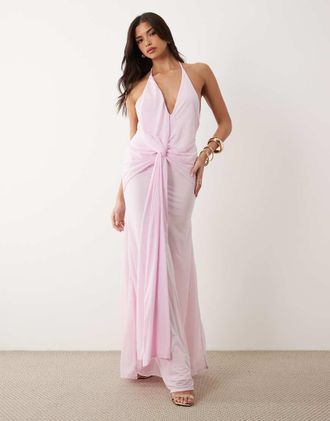 Asos Robe longue &agrave; d&eacute;collet&eacute; plongeant et d&eacute;tail volant&eacute; - Vieux rose