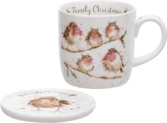 Portmeirion Royal Worcester Wrendale Tasse und Untersetzer, Aufschrift: Family Christmas, Vogelmotive, mehrfarbig