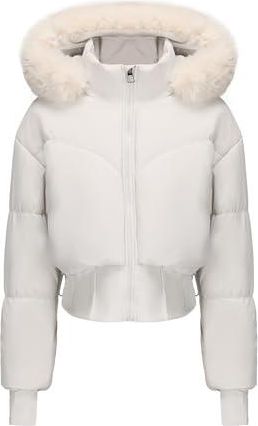 Generic Street Style Doudoune pour femme - Veste dhiver chaude &agrave; capuche amovible en fausse fourrure surdimensionn&eacute;e et cintr&eacute;e &agrave; la taille, Blanc/gris, S