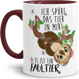 Tassendruck Faultier-Tasse mit Spruch Ich sp&uuml;re das Tier in mir - Geschenk-Idee/Lustig/Ruhig/Witzig/Innen & Henkel Weinrot