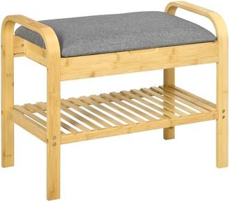 HOMCOM Banc &agrave; Chaussures avec Coussin dassise, Meuble &agrave; Chaussures, Rangement cach&eacute;, &eacute;tag&egrave;re &agrave; Lattes en Bambou, pour Salon, entr&eacute;e, Chambre, 60 x 33 x 50, N