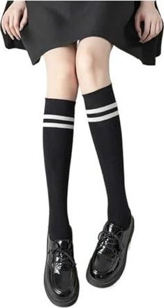Generic Chaussettes hautes ray&eacute;es en coton noir et blanc pour femme (2 paires), Noir - 1 paire, Taille Unique