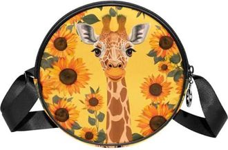 Generic Sac &agrave; bandouli&egrave;re rond pour femme, girafes et tournesol, petit sac &agrave; bandouli&egrave;re avec fermeture &eacute;clair, bretelles r&eacute;glables, sac &agrave; main rond d&eacute;contrac