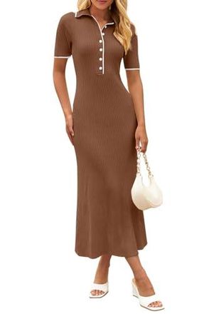 Merokeety Robe Longue Moulante en Tricot côtelé avec col en V et Manches Courtes pour Femme, Chocolat, Taille L