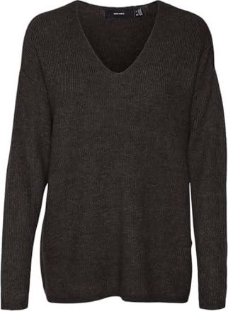 Vero Moda Vmcrewlefile Ls Noos Pull en Tricot &agrave; col en V pour Femme, G&acirc;teau au Chocolat - D&eacute;tails : m&eacute;lang&eacute;, M