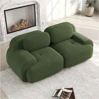 Generic Modulares Schlafsofa mit Ottomane, 3-Sitzer, modulares Cord-Sofa, ohne Montage, for Wohnzimmer, rahmenloses Sofa, mit gebogenen Armlehnen(Verde,2S)