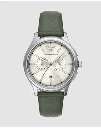 Emporio Armani Chronograph Uhr mit gr&uuml;nem Lederarmband in Silber