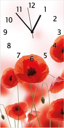 Wallario Design-Wanduhr Leuchtende Mohnblumen - Rote Mohnblumenbl&uuml;ten aus Glas, Motiv-Uhr Gr&ouml;&szlig;e 30 x 60 cm, Schwarze Zeiger