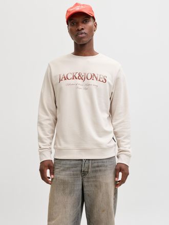 Jack & Jones Sweatshirt JACK & JONES JJDEVIN DAYTONA PRINT SWEAT CREW NECK, Herren, Gr. S, moonbeam, angeraute Sweatware, Obermaterial: 60% Baumwolle, 40% Polyeste