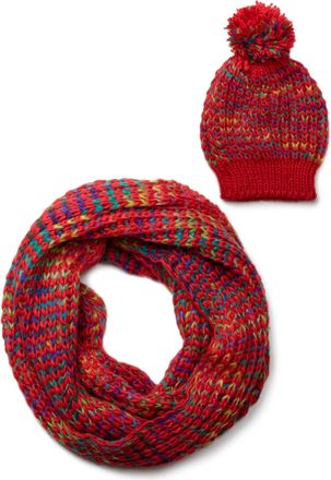 styleBREAKER Schal und Mütze Kombi Set/bunter Grobstrick Loop Schlauchschal mit Strick Beanie Mütze 01018201 (rot)