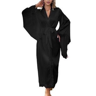 Generic Robe longue femme satin décontractée, coupe ample, finition dentelle, ceinture élégante, couleur unie, tenue tendance maison mariage