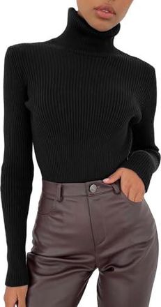 Generic Pull Femme Doux Slim Fit L&eacute;ger Manches Longues Col Roul&eacute; Maillot de Corps Sexy Tricot&eacute; Chaud Mode Pull Serr&eacute; Manches Longues Femme, Noir, taille uniqu