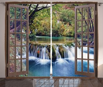 Abakuhaus Wasserfall Rustikaler Gardine, Tief im Wald, Schlafzimmer Kräuselband Vorhang mit Schlaufen und Haken, 280 x 175 cm, Mehrfarbig