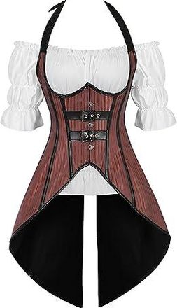 Grebrafan Rayé Corset Fête Costume 2 pièces Bustiers et Chemisier Blanc (EUR(38-40) XL, Marron)