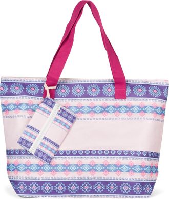 styleBREAKER Gro&szlig;e Strandtasche mit buntem Azteken Boho Muster | Damen Schultertasche mit Rei&szlig;verschluss & Extra-T&auml;schchen | 57,5 x 40 x 15 cm, Farbe:Himbeer-Rose