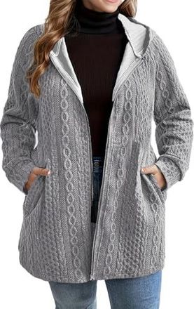 Generic Vestes dhiver pour femmes UK surdimensionnées en tricot au crochet chaud à capuche zippé décontracté à manches longues manteau dextérieur, Gris 1, 4XL