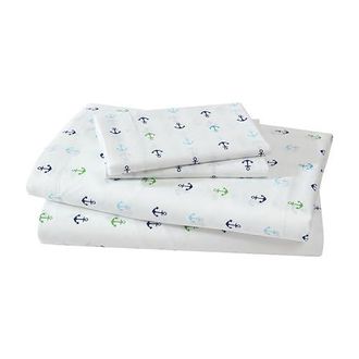 Beatrice Home Fashions Coastal Hotel Collection Easy Care Polyester Spannbetttuch Set Anker blau Muster, Marineblau, grün und Sea Blau Anker auf weiß, Polyester, Navy Green 