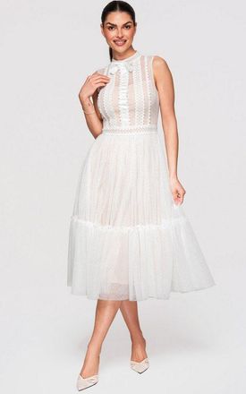 Ombre Abendkleid Damen Midi Kleid Ausgestellt Elegant Wei&szlig; S (kein Set, 1-tlg) Dekorative Schleife am Ausschnitt, Koronkowy panel