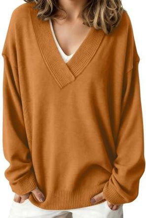 Generic Pull à col en V et épaules en tricot pour femme - Automne et hiver - Manches longues - Pull pour femme, doré, 4XL