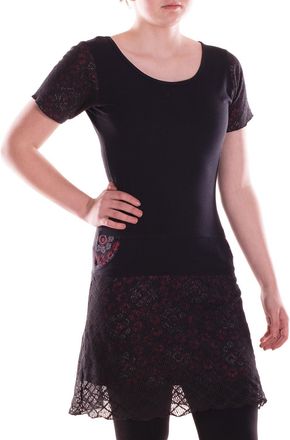 vishes Alternative Bekleidung - Damen A-Linie Kleid Baumwolle Blumen-Muster Rundhals schwarz 46-48