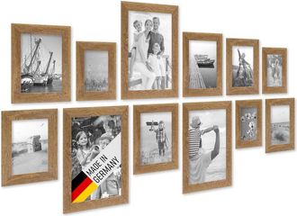 Photolini Bilderrahmen-Set Holz Eiche-Optik, 12er Rahmenset Echtholz-Rahmen rustikal, Strandhaus, Made in Germany, Echtglas, zum Aufhängen, extra Zubehör - Trei