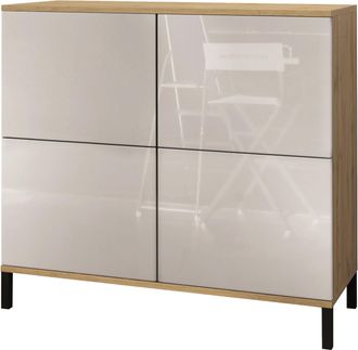 Vladon Kommode Rova V3, Moderner K&uuml;chenschrank mit 4 Push-to-Open T&uuml;ren Eiche Evoke/Sandgrau Hochglanz (92,5 x 83.5 x 35)
