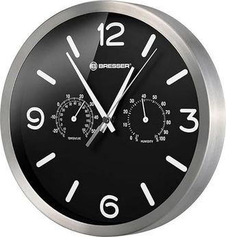 Bresser Funkuhr Wanduhr MyTime ND Thermo-Hygro mit geräuschlosem Funkuhrwerk, Edelstahlrahmen und Anzeige für Temperatur und Luftfeuchtigkeit, schwarz, 250x25