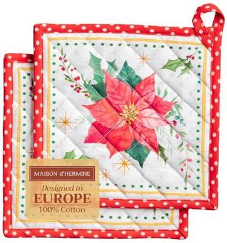 Maison d'Hermine Maison dHermine Lot de 2 maniques 100 % coton r&eacute;sistantes &agrave; la chaleur avec noeud pour p&acirc;tisserie, barbecue, manipulation de po&ecirc;les chaudes, No&euml;l, Tha