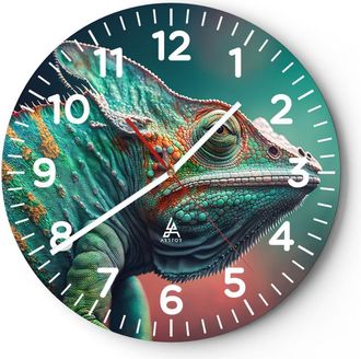 Arttor Modern Wanduhr Chamäleon Tiere Reptil 30x30cm Rund Klein Wand Uhr Glas Analog Zimmeruhren Küche Büro Wohnzimmer Glasuhr Wall Clock Dekoration Design W